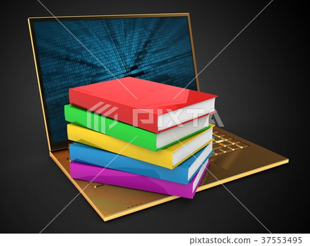 3d illustration of golden computer with books - Stock Illustration ...