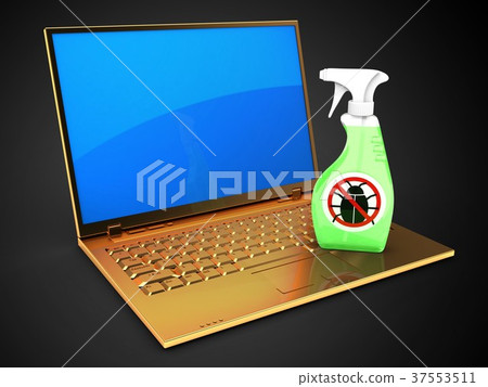 3d illustration of golden computer with bug spray - Stock Illustration ...