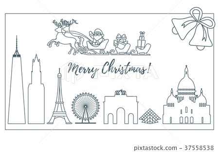 Santa Claus in sleigh flying over buildings - Stock Illustration ...