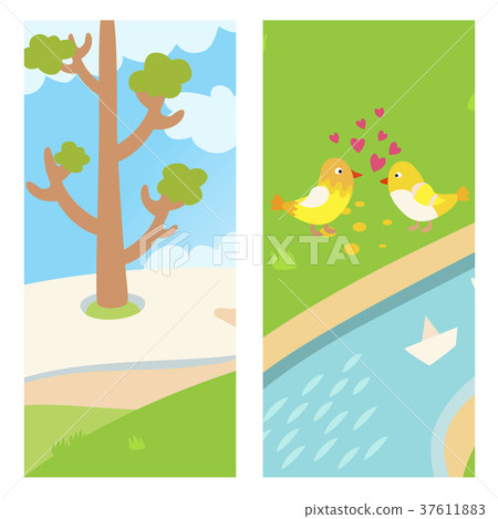 Two lovely birds spring card with tree and couple - Stock Illustration ...