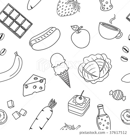 Cute cartoon outline food. Seamless pattern. - Stock Illustration ...