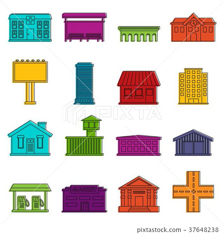City infrastructure items icons doodle set - Stock Illustration ...