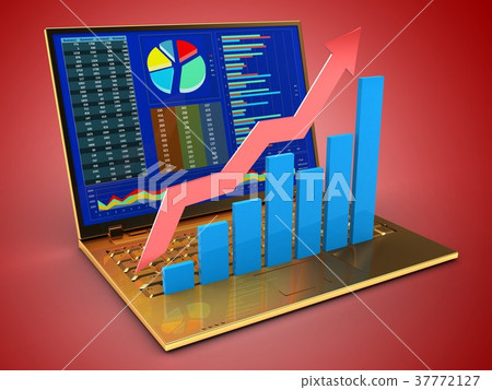 3d illustration of computer with rising charts - Stock Illustration ...