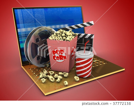 3d illustration of golden computer with cinema - Stock Illustration ...