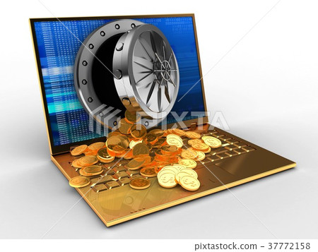 3d illustration of computer with treasure - Stock Illustration ...