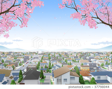 Cherry blossoms cityscape spring - Stock Illustration [37798044] - PIXTA