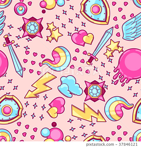 Seamless pattern with cartoon fantasy objects - Stock Illustration ...