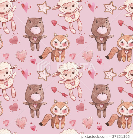 Seamless patterns with animals. Pink Watercolor - Stock Illustration ...