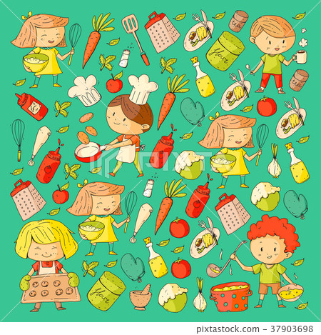 Cute children cooking food. Kindergarten and - Stock Illustration ...