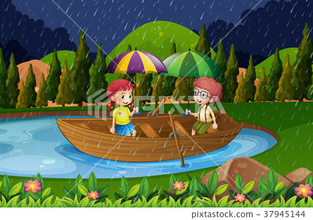 Rainy day with two kids in rowboat - Stock Illustration [37945144] - PIXTA