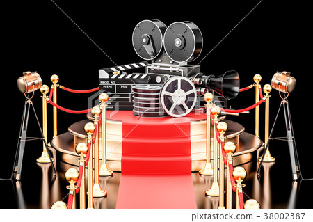 Movie Presentation concept. Podium with film reel - Stock Illustration ...