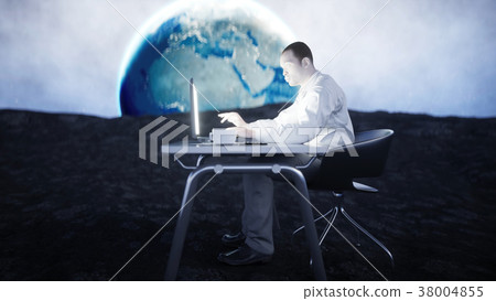 Young busy businessman working on the moon.Space - Stock Illustration ...