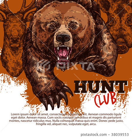 Hunting club poster with bear, deer, boar animal - Stock Illustration ...