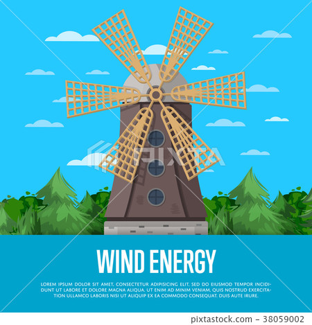 Wind energy poster with wooden old windmill - Stock Illustration ...