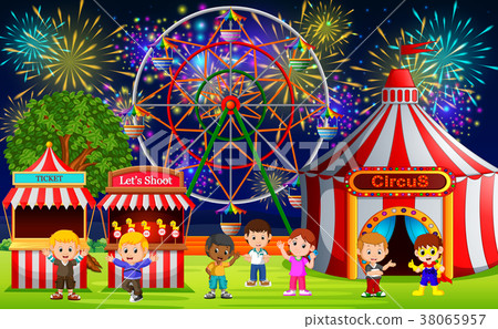 Many Children having fun in carnival at night - Stock Illustration ...