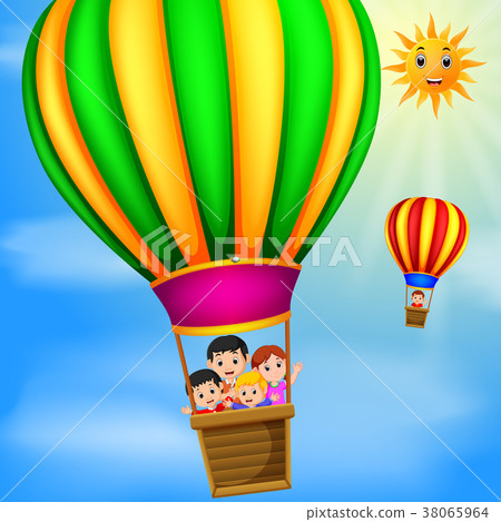 hot air balloons flying with happy kids at daytime - Stock Illustration ...