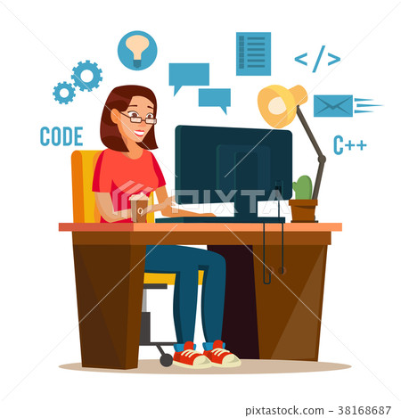 Programmer Woman Vector. Programmer Workspace - Stock Illustration ...