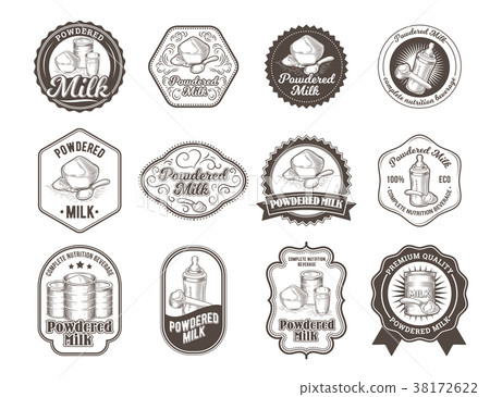 Set of illustrations of badges of dry milk. - Stock Illustration ...