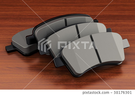 Brake pads on the wooden table. 3D rendering - Stock Illustration ...