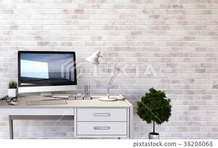working area with Desktop computer, 3d rendering - Stock Illustration ...