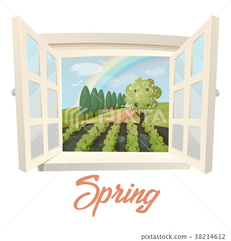 Outside view through window at spring field - Stock Illustration ...