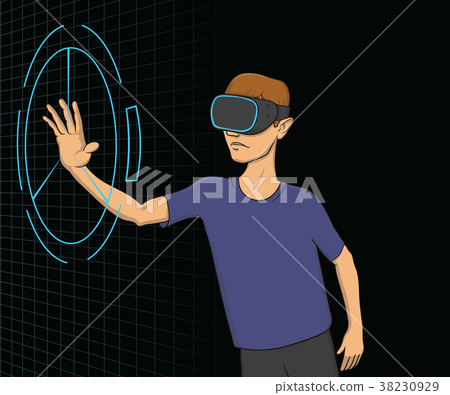Boy with VR headset working with virtual interface - Stock Illustration ...