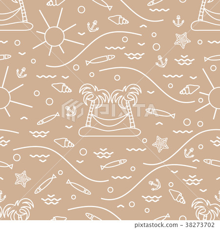 Cute seamless pattern with fish, island with palm - Stock Illustration ...