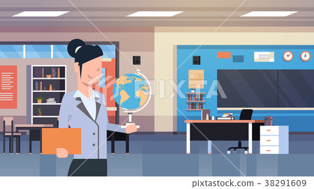 Female Teacher Holding Globe Over Class Room - Stock Illustration ...