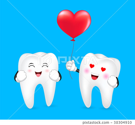 Tooth character with red heart balloon. - Stock Illustration [38304910 ...