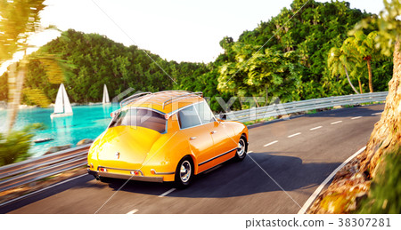 Cute little retro car goes by the road - Stock Illustration [38307281 ...