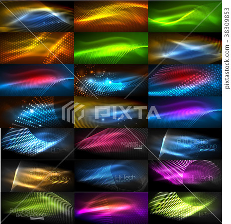 Set of glowing neon techno shapes, abstract - Stock Illustration ...