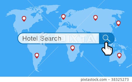 hotel search engine with world map and gps icon - Stock Illustration ...
