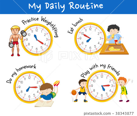 Daily routine for different people with clocks - Stock Illustration ...