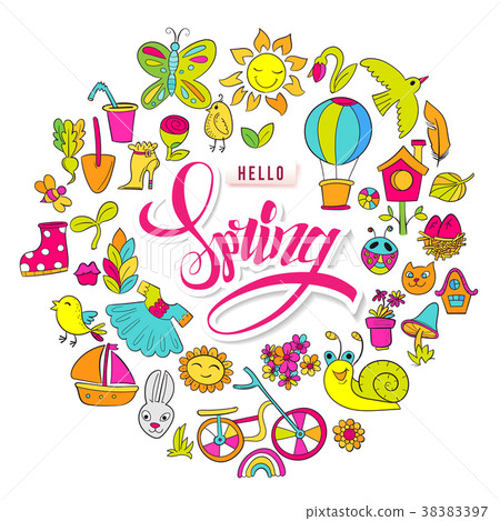 Hello Spring doodle circle frame - Stock Illustration [38383397] - PIXTA