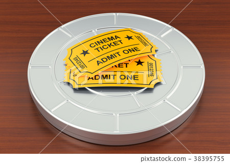 Cinema tickets and film reel on the wooden table - Stock Illustration ...