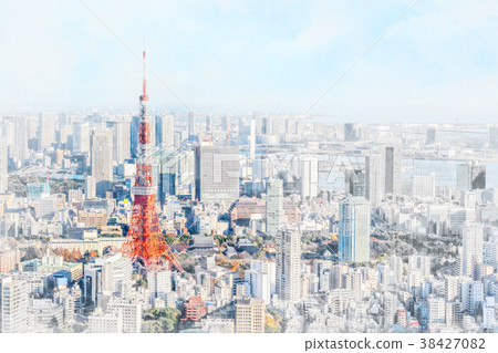 tokyo city skyline with watercolor, sketch effect - Stock Illustration ...