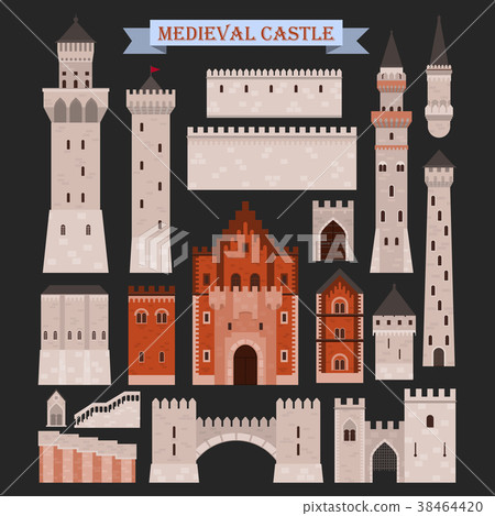 Medieval castle parts like gates, walls, towers - Stock Illustration ...