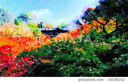 Autumn leaves watercolor painting of Kyoto in... - Stock Illustration ...