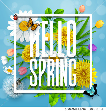 Hello Spring background with flower and insects on - Stock Illustration ...