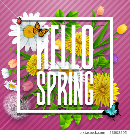 Hello Spring background with flower and insects on - Stock Illustration ...