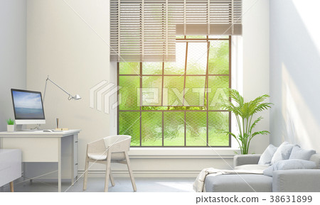 Interior room working area and computer. 3d render - Stock Illustration ...