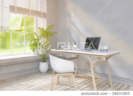 Interior room working area and computer. 3d render - Stock Illustration ...
