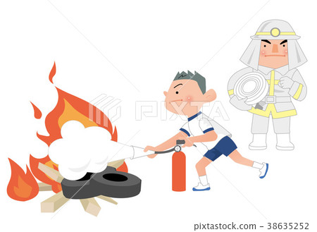 Elementary school boys and firefighters do... - Stock Illustration ...