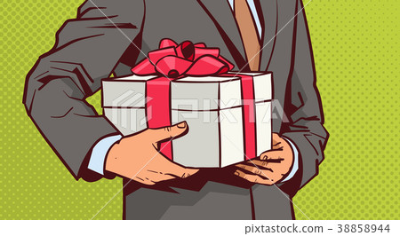 Hands Of Business Man Hold Gift, Sketch Present - Stock Illustration ...