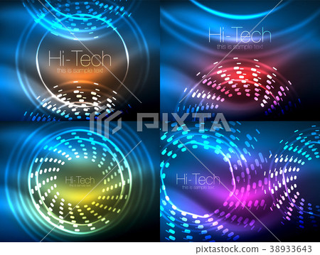 Set of glowing neon techno shapes, abstract - Stock Illustration ...