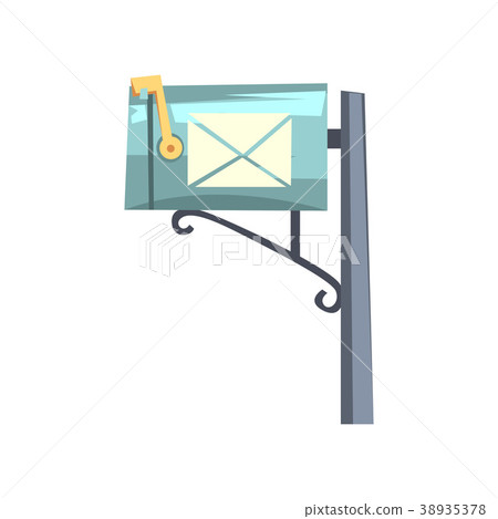 Blue cartoon style mailbox on gray pole. Colorful - Stock Illustration ...