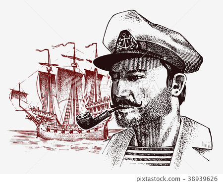 sea captain against the background of sailboat - Stock Illustration ...
