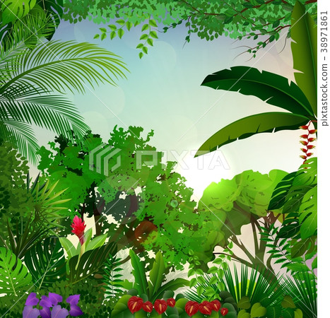 Tropical morning landscape with palm trees and lea - Stock Illustration ...