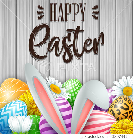 Happy Easter greeting card with colored eggs, flow - Stock Illustration ...