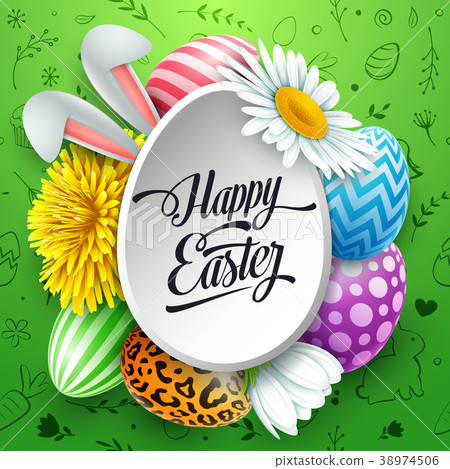 Happy Easter greeting card with colored eggs, flow - Stock Illustration ...